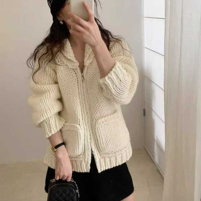 韩系慵懒风粗线翻领针织开衫女