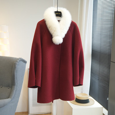狐狸毛领全羊毛红色呢大衣外套