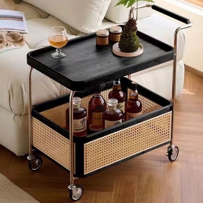 中古实木边几可移动小户型高级藤编极简复古侘寂风沙发茶几小推车