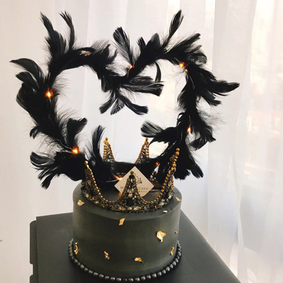 生日蛋糕装饰羽毛巴洛克复古欧美圆型整环黑色女神女王大皇冠摆件