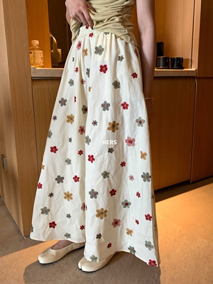 METWO hers手工刺绣印花半身裙女2025新款度假风高腰A字长裙20644