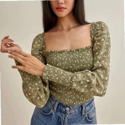 1 square neck floral top blouse puff sleeve ruched top green