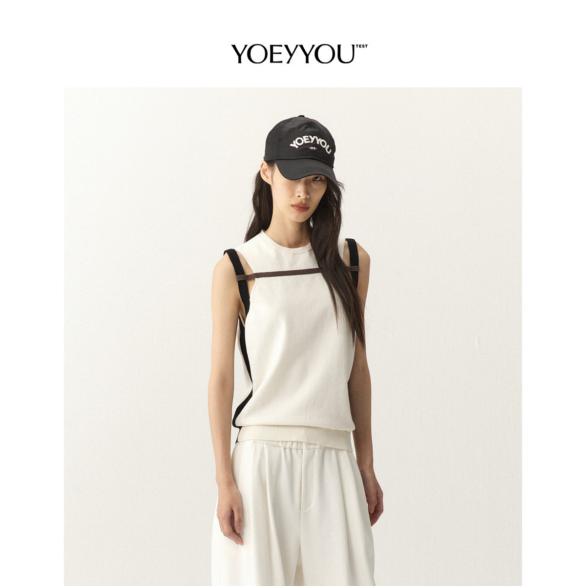 YOEYYOU撞色镂空毛衫背心女夏季棉质镂空时髦小众设计感无袖上衣