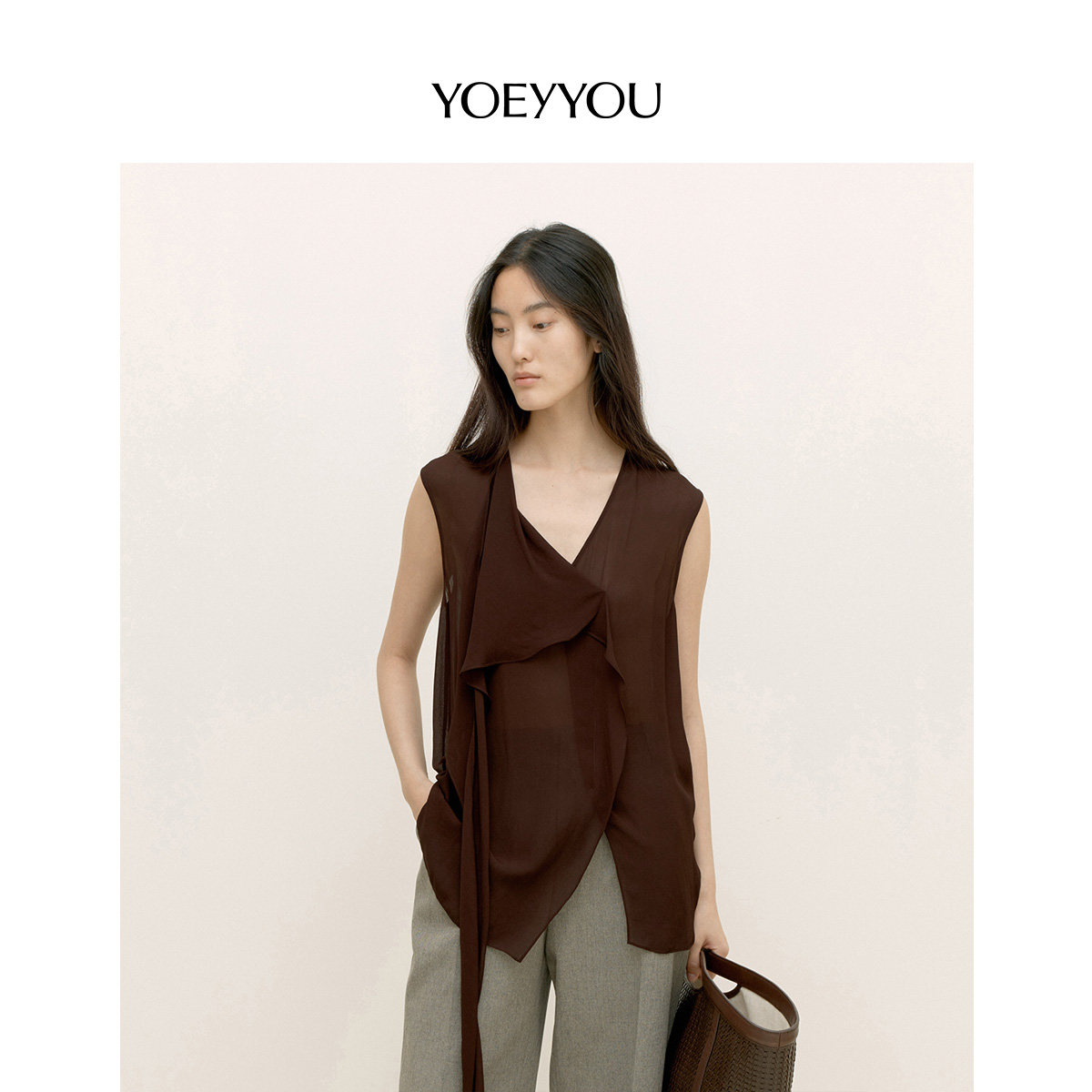 YOEYYOU无袖飘带上衣春夏款设计师款宽松廓形v领设计感衬衣衬衫