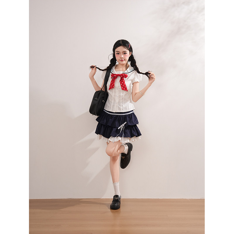 【沧蓝航屿】vintage复古日系JK制服海军领蝴蝶结上衣+短裙两件套