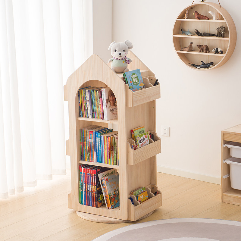 蘑菇森林旋转书架360度书柜宝宝可移动全实木儿童落地绘本置物架_虎窝淘