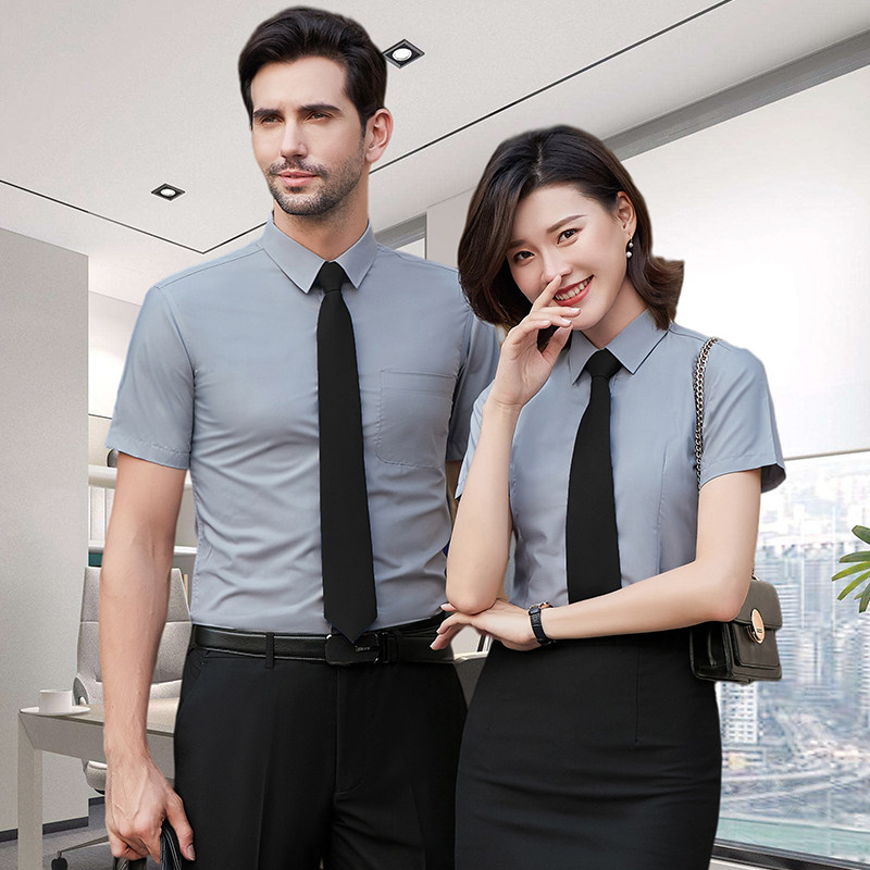 白色衬衫男夏抗皱修身半袖工服4s店销售工作服订制印logo衣服