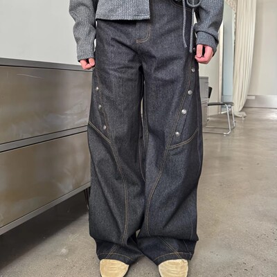 重工高腰解构明线A字原牛牛仔裤