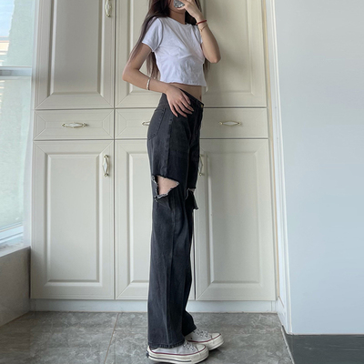 earned新款韩版阔腿裤膝盖破洞女