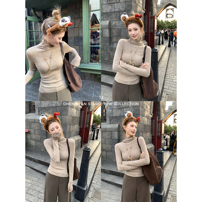 辰米范 温暖底牌 基础款高领灰色针织打底衫女修身气质内搭上衣