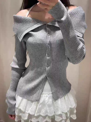 BrandyGirl新款蕾丝系带甜辣WM长袖针织衫上女衣显瘦一字肩毛衣