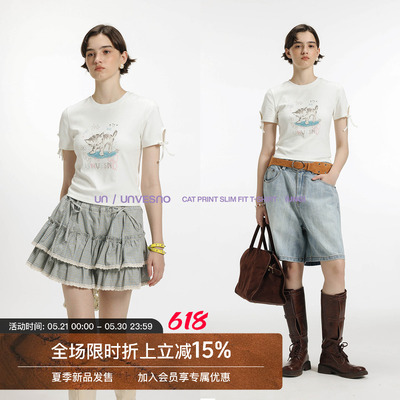 【凉感】Unvesno(UN)抖水猫咪手绘印花蝴蝶结绑带女款短袖