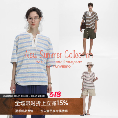 Unvesno(UN)Urban Resort都市度假休闲慵懒风条纹绑带亨利领T恤