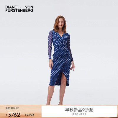 [重工植绒网纱]DVF2026早秋新款蓝白波点V领围裹式连衣裙DL2U002