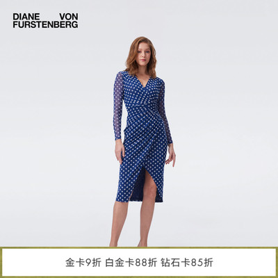 [重工植绒网纱]DVF2026早秋新款蓝白波点V领围裹式连衣裙DL2U002