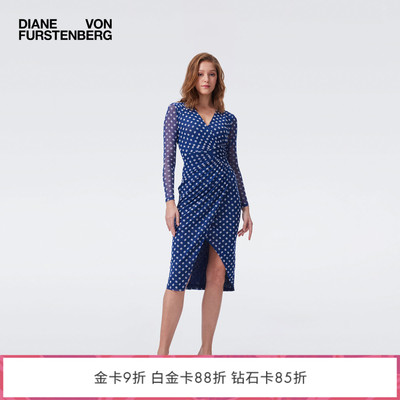 [重工植绒网纱]DVF2026早秋新款蓝白波点V领围裹式连衣裙DL2U002