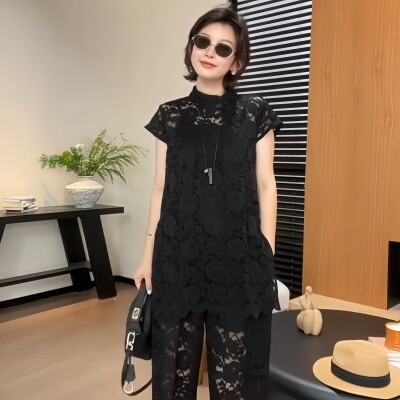 玙菲【蕾丝两件套】2026夏季新款设计感钩花蕾丝镂空时尚套装女