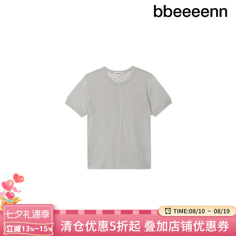 bbeeeenn夏季棉麻短袖T恤男女儿童透气休闲半开领半袖打底衫上衣