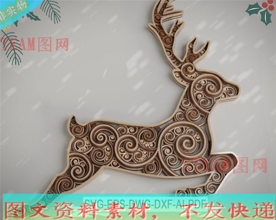 3D创意圣诞节梅花鹿叠雕拼装模型 激光线切割雕刻CAD/DXF图纸素材