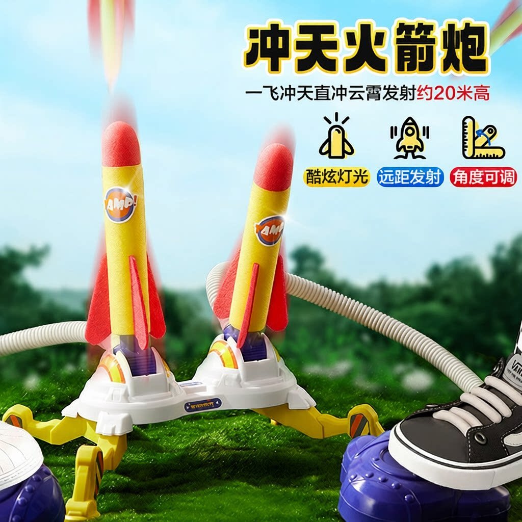 儿童玩具脚踩火箭发射飞盘闪光弹射飞机筒会可以飞的户外小冲天炮