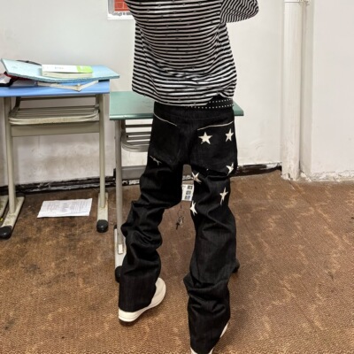 美式街头复古水洗星星牛仔裤