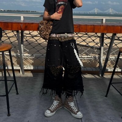 美式双腰拼接豹纹黑色牛仔七分裤