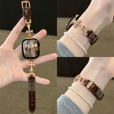 适用iWatch克罗芯镶钻皮质细表带