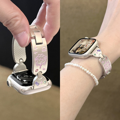 适用iWatch镶钻礼帽猫咪手镯表带