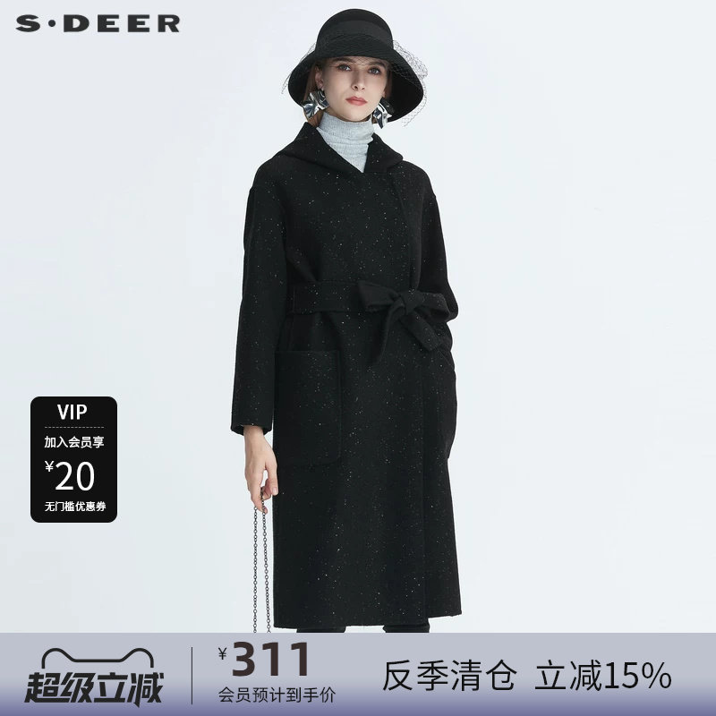 sdeer圣迪奥女装休闲连帽亮片收腰中长款毛呢大衣S20481813