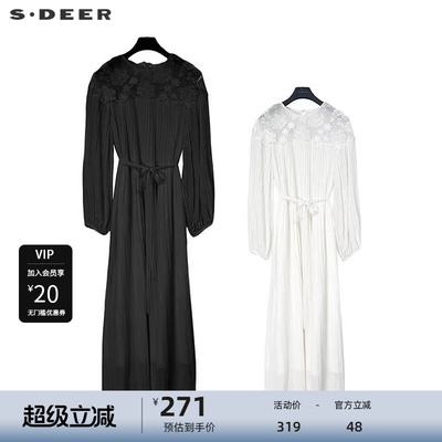 sdeer圣迪奥女装复古圆领绣花收腰肌理连衣裙S243Z1287