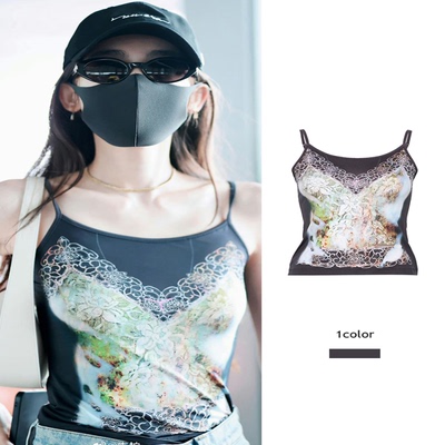 古力娜扎明星同款蕾丝印花吊带背心夏季修身显瘦纯欲无袖内搭上衣