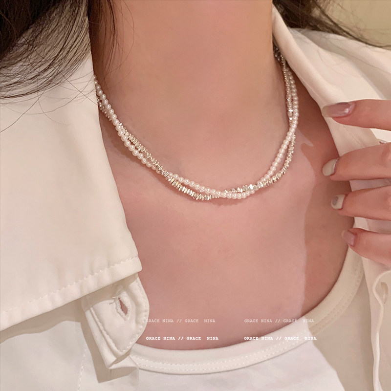 闪烁星河!碎银珍珠缠绕项链女轻奢小众高级感锁骨链精致双层颈链