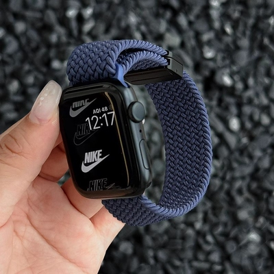 适用applewatch11编织磁吸表带苹果手表iwach10弹力尼龙Ultra2金属扣S9/s8/7/6/5/4代透气SE2腕带男秋冬黑色