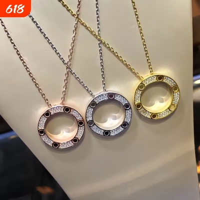 高级感LOVE项链大饼满钻双环锁骨链情侣款礼物玫瑰金白金钉子金色