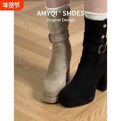 韩系显瘦防水台厚底高跟短靴女2025新款秋冬加绒粗跟弹力瘦瘦靴子