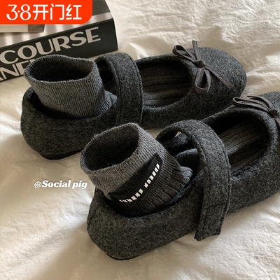灰色平底加绒毛毛鞋女式