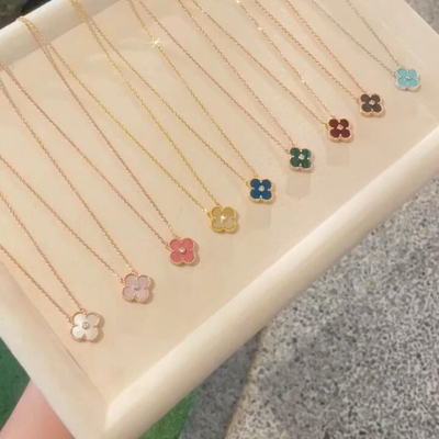 新款高定品质25四叶草项链粉贝母中钻18k蔷薇石玫瑰金黄金金色