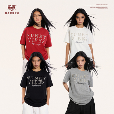 HIPHOP NINJA美式高街珍珠字母钉珠圆领短袖T恤女慵懒宽松风上衣