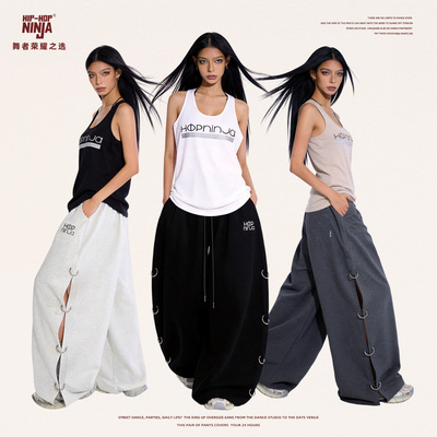 HIPHOPNINJA金属环饰+浮雕logo美式宽松运动卫裤女爵士舞休闲裤子