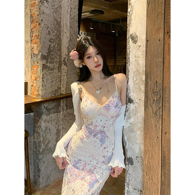 微胖韩系纯欲风印花吊带连衣裙