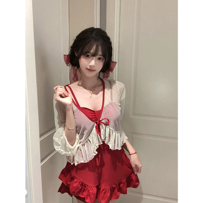 微胖纯欲甜美红色吊带连体裙裤