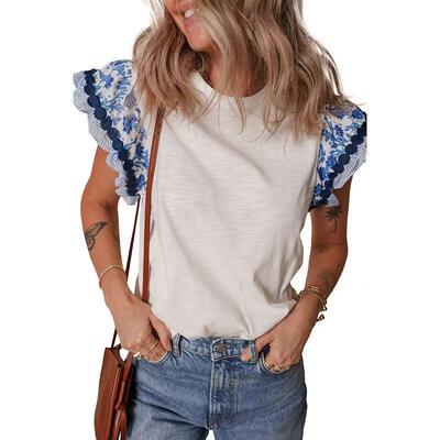 Women's Ricrac Trim Printed Flutter Sve Contrast Patchwork