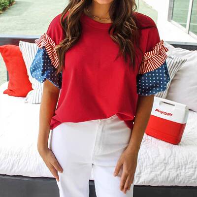 Stars Stripes Short Puff Sleeve Top  Made From A Soft