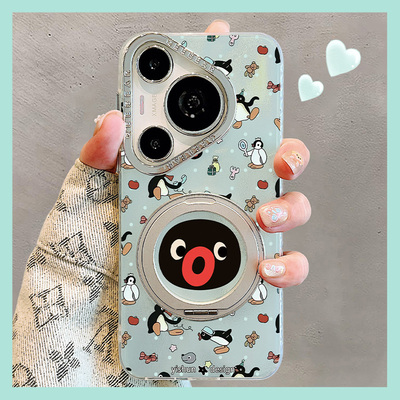 pingu小企鹅日常适用华为pura80pro+手机壳360度旋转支架pura70可爱卡通70pro磁吸支点壳Pura80Ultra女保护套