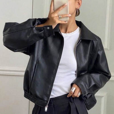 休闲复古棕色皮衣外套