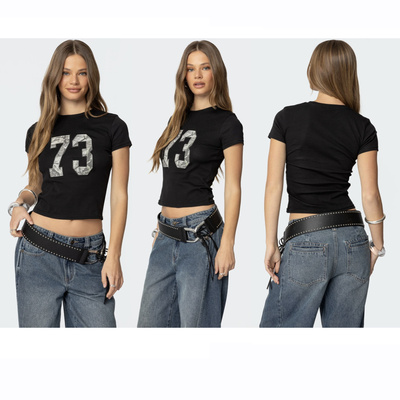 edi家圆领套头拼贴迷彩数字绣花百搭T恤 有弹 外贸尾货