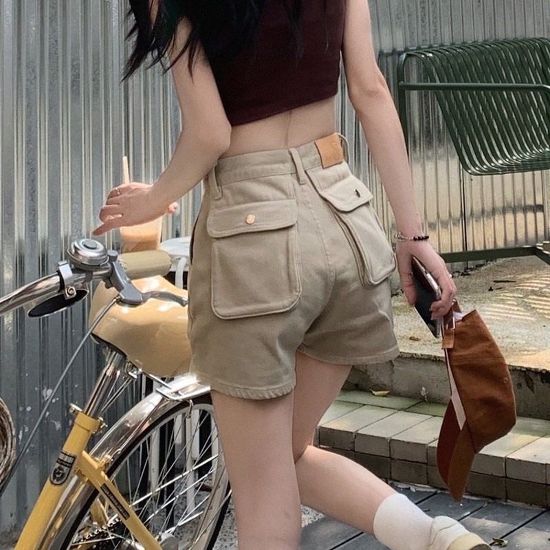 卡其色工装牛仔短裤女夏欧货薄款高腰大口袋甜辣a字胖mm提臀热裤