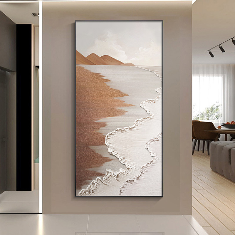 海浪沙滩纯手绘装饰画玄关油画抽象竖版客厅挂画高级感砂岩肌理画