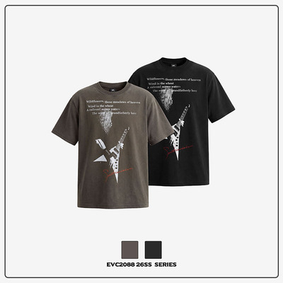 EVC复古做旧摇滚吉他短袖T恤