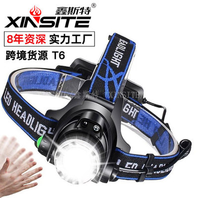 跨境USB感应头戴式 t6强光充电头灯led变焦户外登山夜钓灯